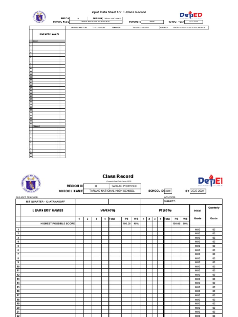 Input Data Sheet For E-Class Record: Region Division School Name School ...