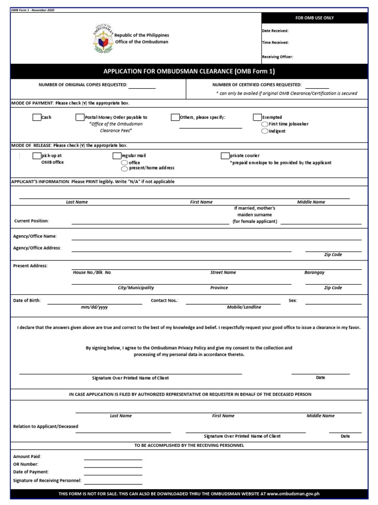 OMB Form 1 - Application For Ombudsman Clearance | PDF | Privacy | Business