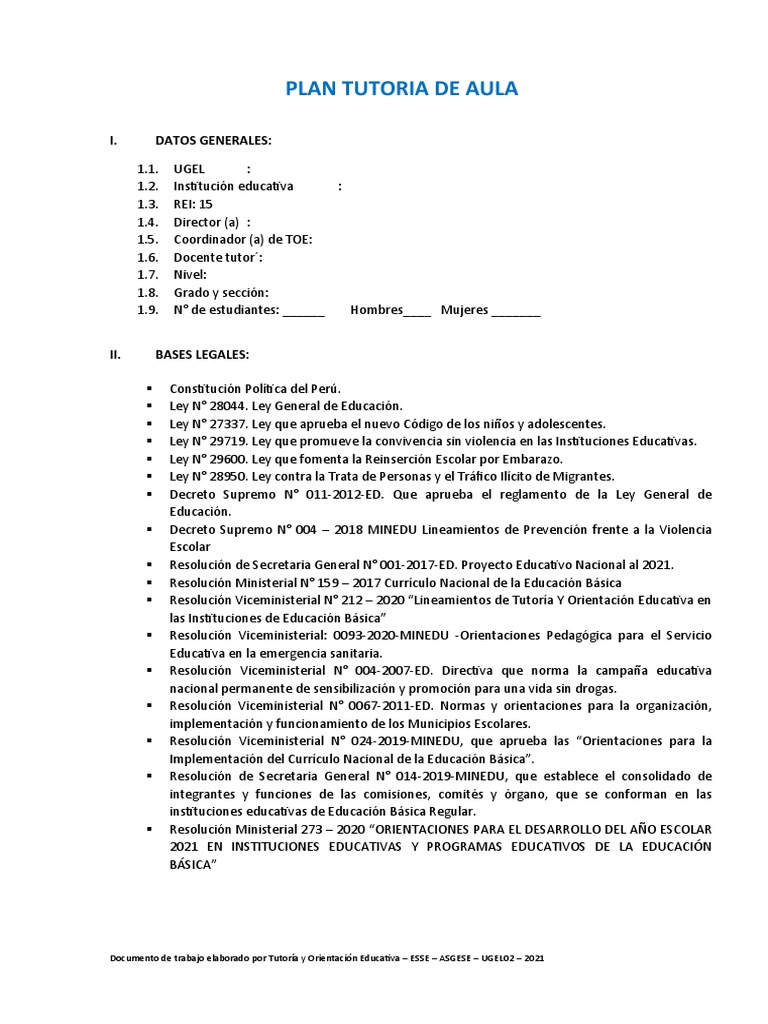 Plan Tutorial de Aula Actualizado | PDF | Salón de clases | Educación ...