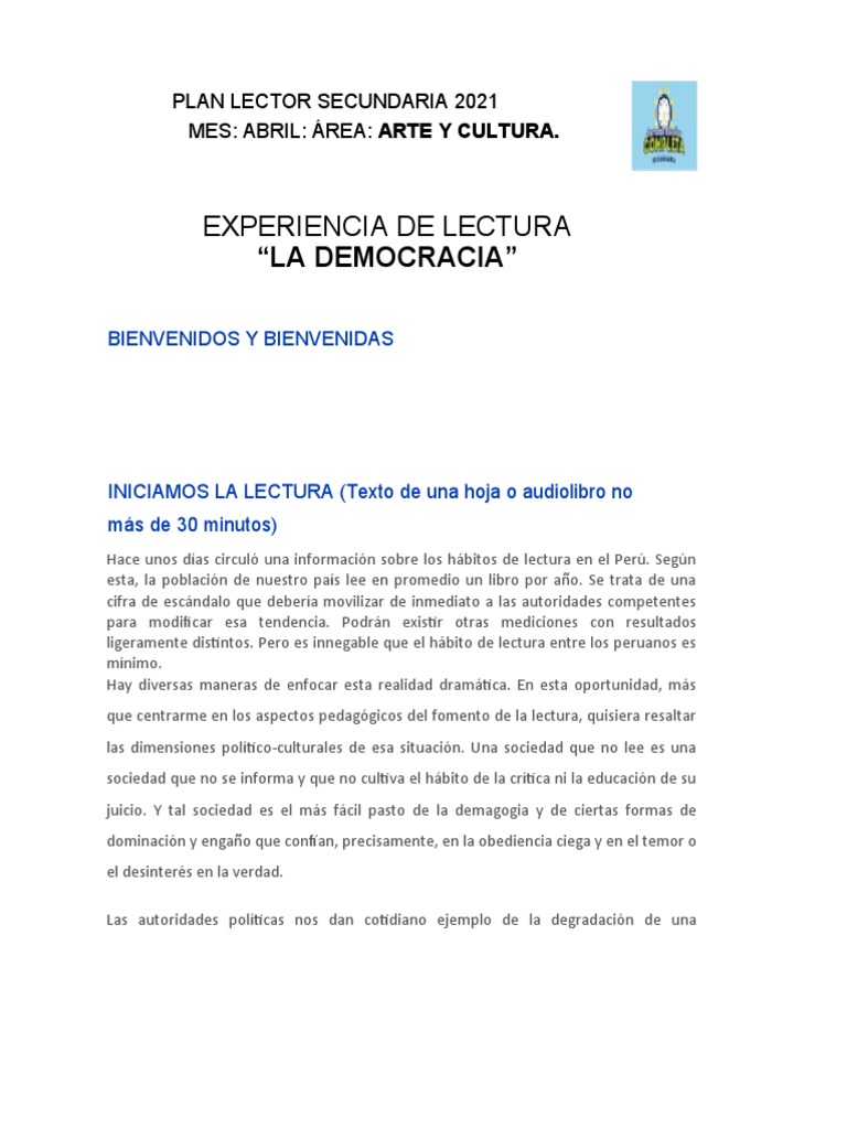 Lectura-Plan Lector - DPCC | PDF | Democracia | Ideologías políticas