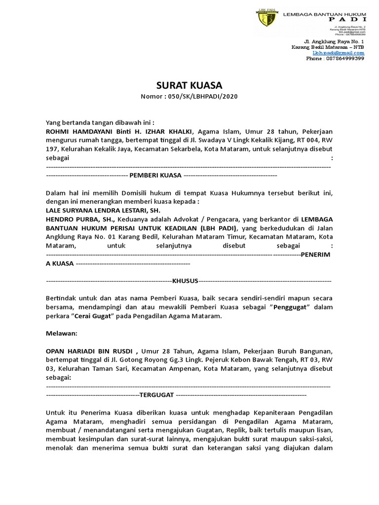 Surat Kuasa Cerai Gugat Mataram | PDF