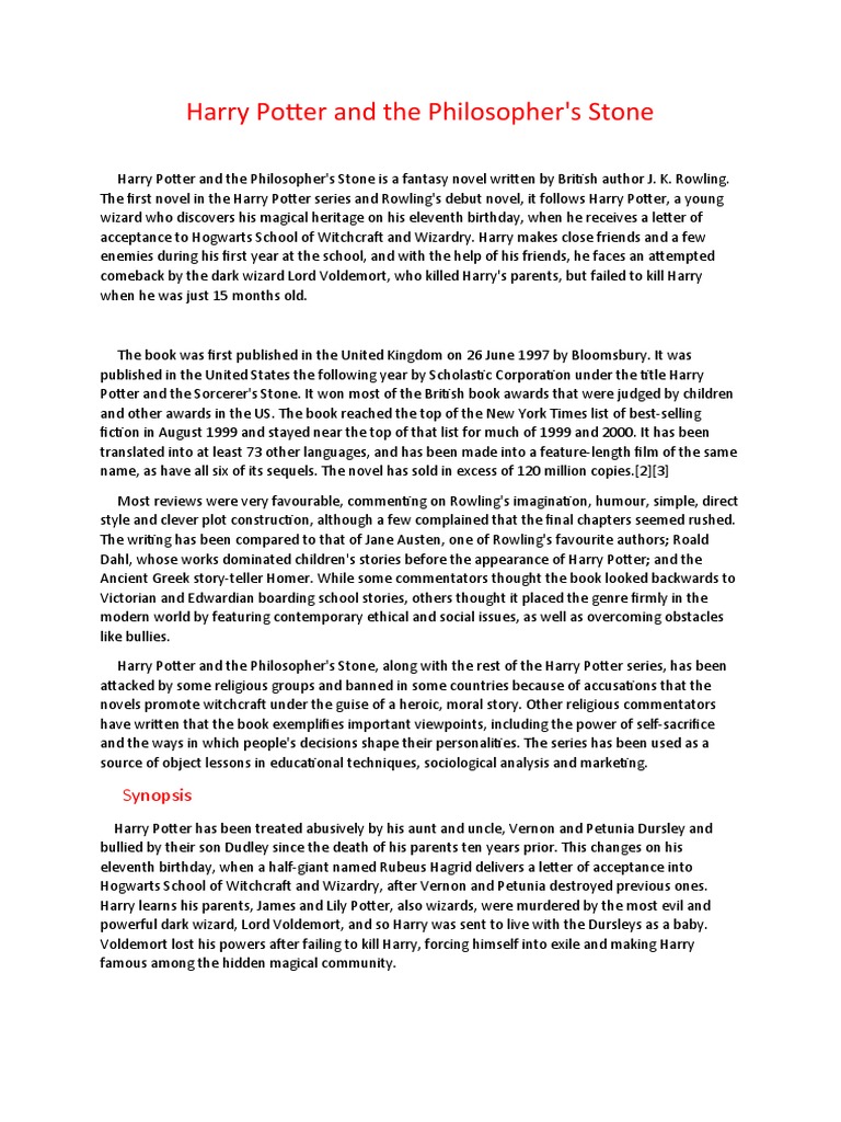 Harry Potter and The Philosopher's Stone: Synopsis | PDF | Harry Potter ...