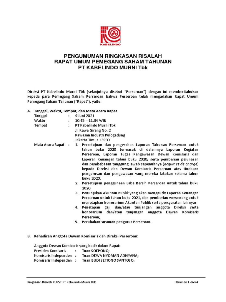 Pengumuman Hasil RUPS 2021 Ind | PDF | Pengelolaan Keuangan & Uang
