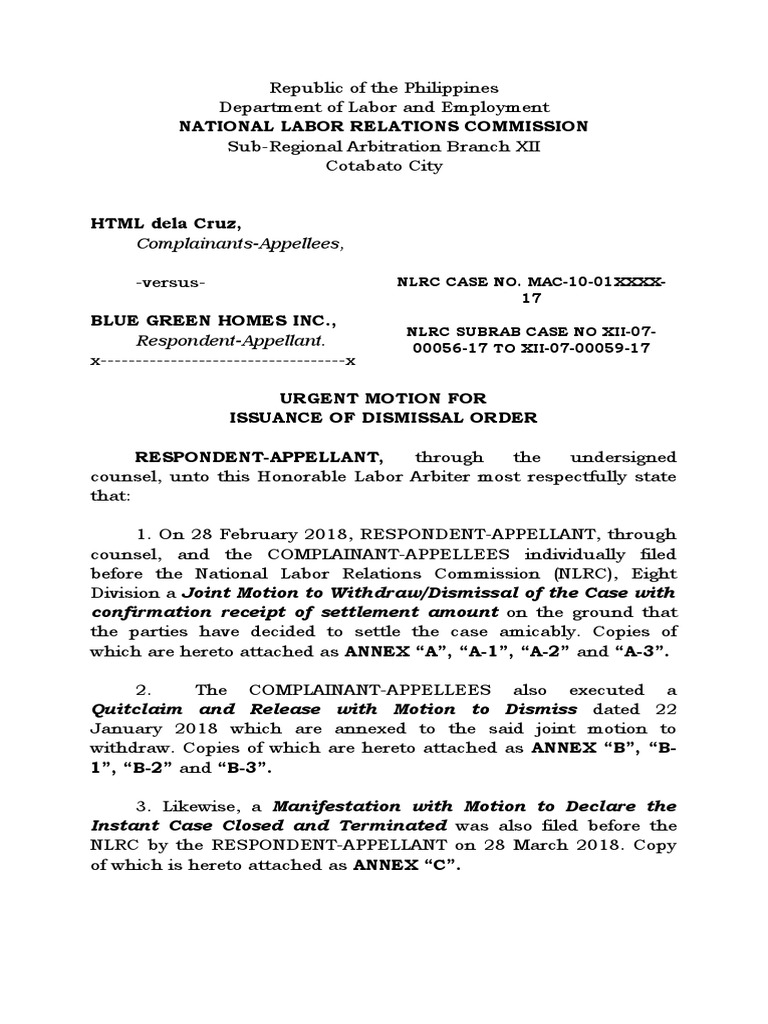 Motion for Dismissal Order in NLRC Case | PDF | Business Law | Dispute ...
