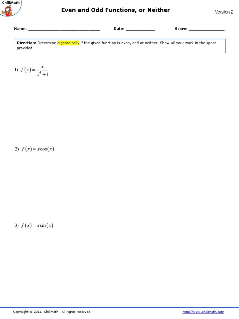 Worksheet Even Odd Neither Function Version Two | PDF