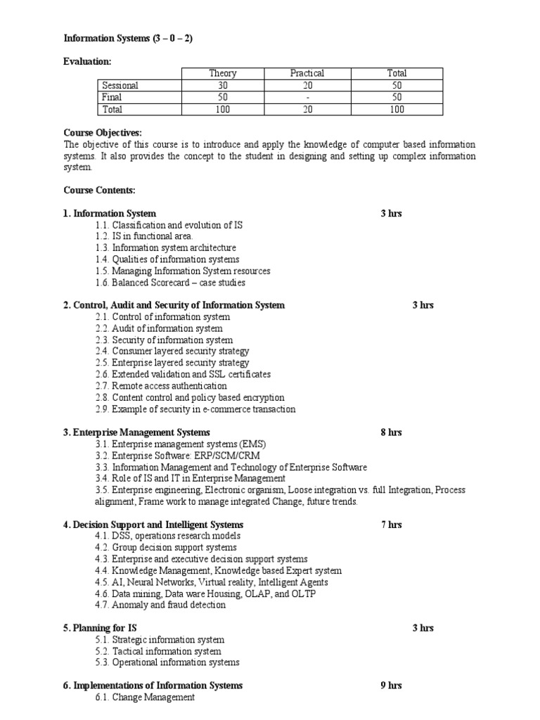 Information Systems Syllabus Pdf Decision Support System Information System