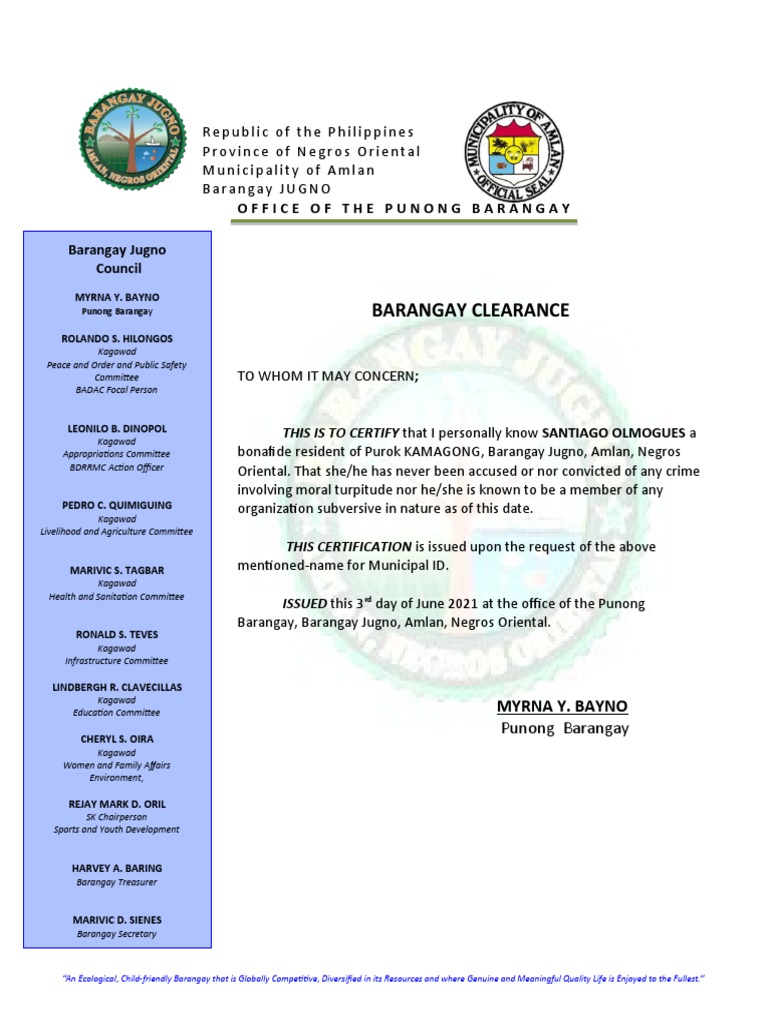 Barangay Clearance: Office of The Punong Barangay Barangay Jugno Council | PDF | Science ...