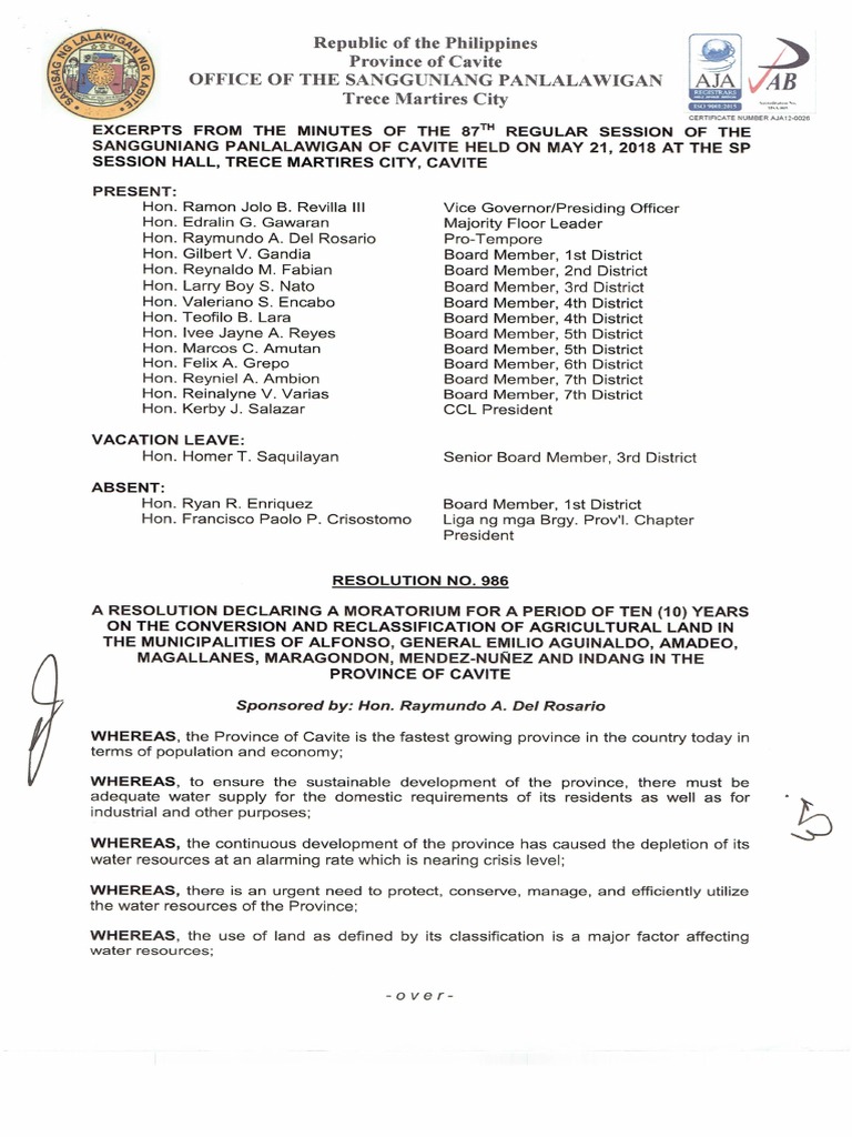 SP Resolution No. 986 Moratorium Alfonso, Gen. E. Aguinaldo, Amadeo ...