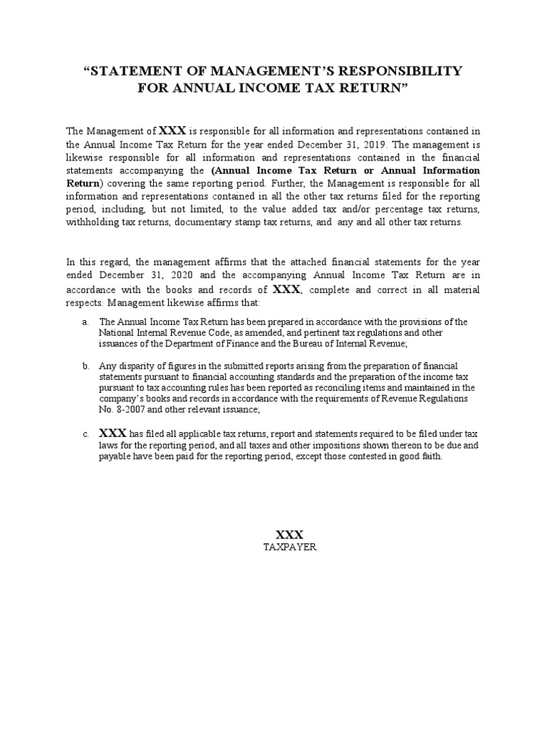 Statement of Management Responsibility For Annual Income Tax Return | PDF