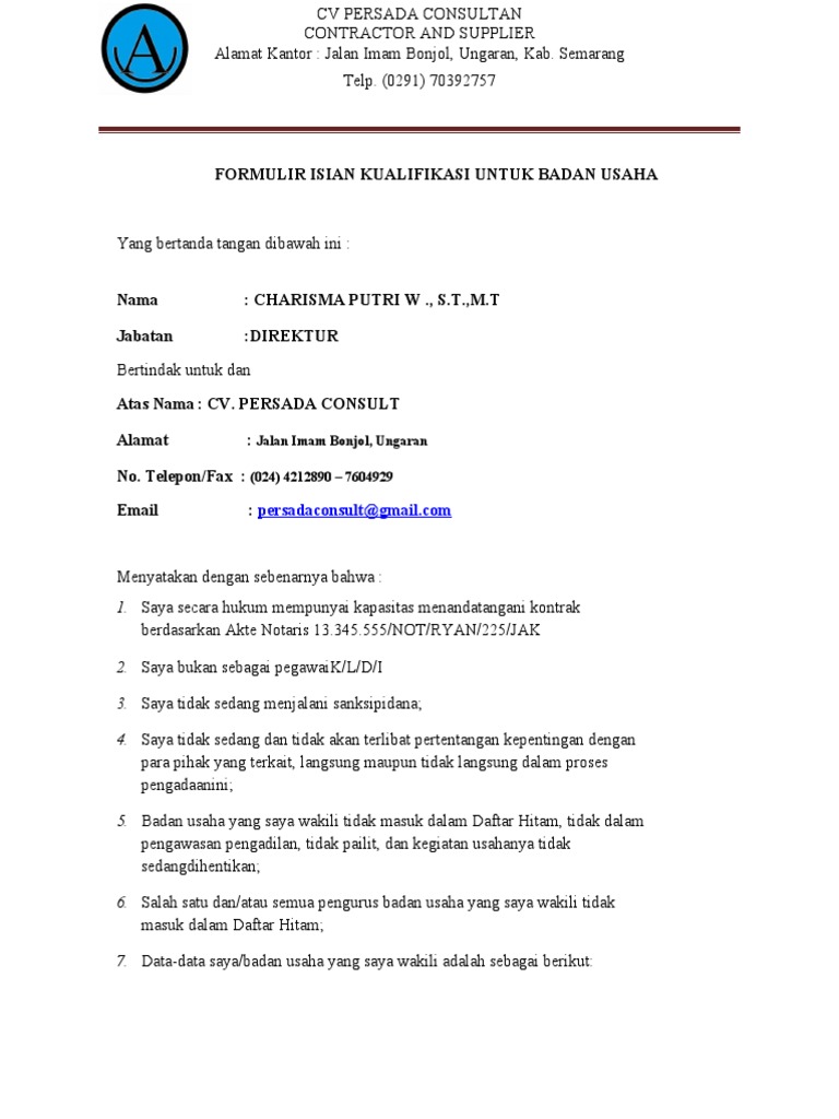 Formulir Isian Kualifikasi Pdf