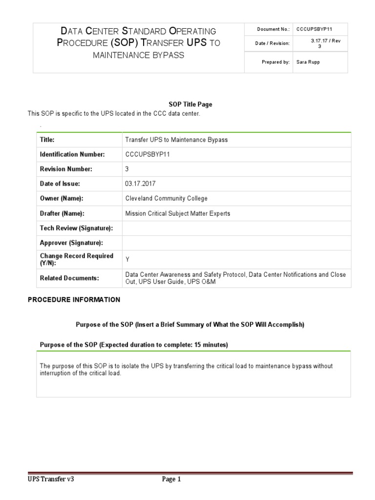 Data Center SOP UPS Transfer To Maintenance Bypass v3 | PDF | Power ...