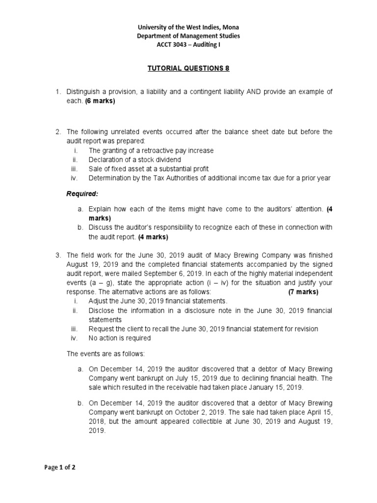Auditing I Tutorial Questions and Guidelines | PDF | Auditor's Report ...