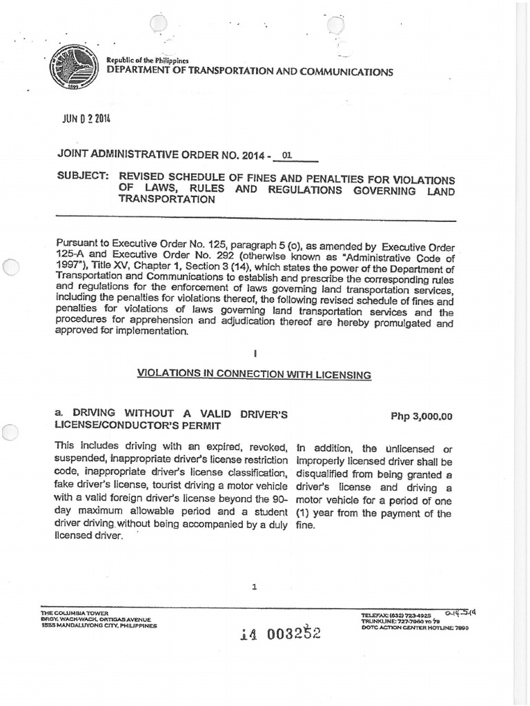 Jao-2014-01 (Schedule of Fines Traffic Violations) | PDF