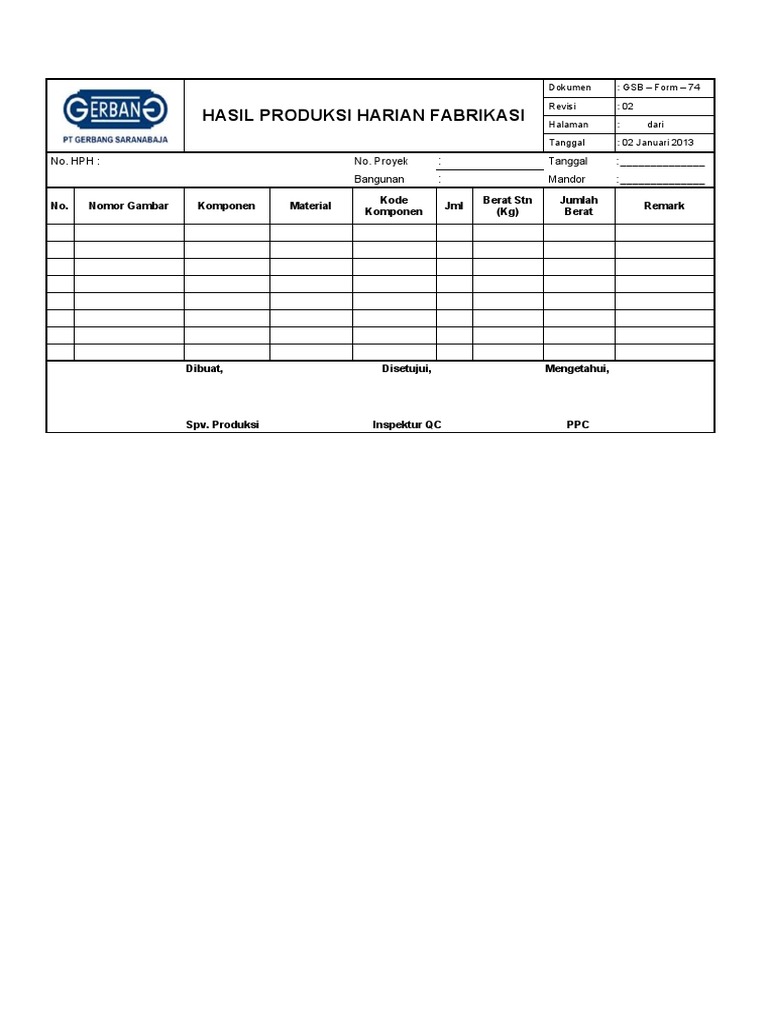 GSB-Form-74 Hasil Produksi Harian Fabrikasi | PDF