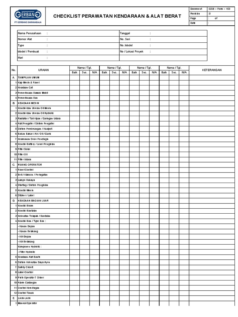 GSB-Form-153 Checklist Perawatan Dan Perbaikan Kendaraan Dan Alat Berat ... GSB-Form-153 Checklist Perawatan Dan Perbaikan Kendaraan Dan Alat Berat ...