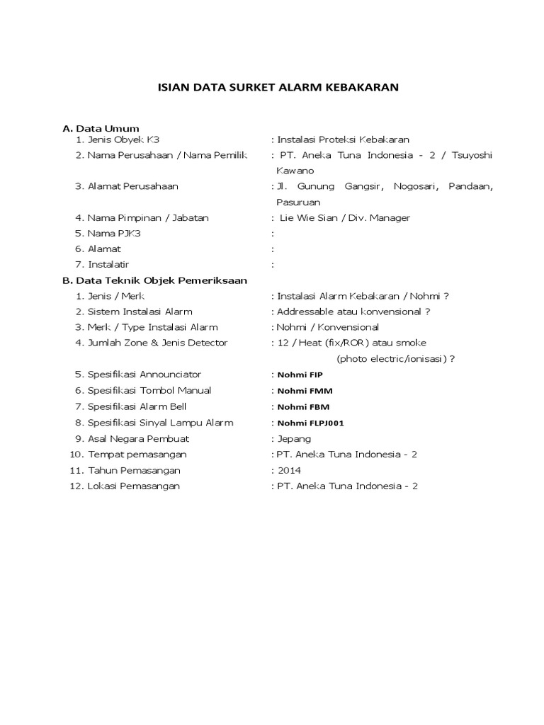 Isian Data Alarm | PDF