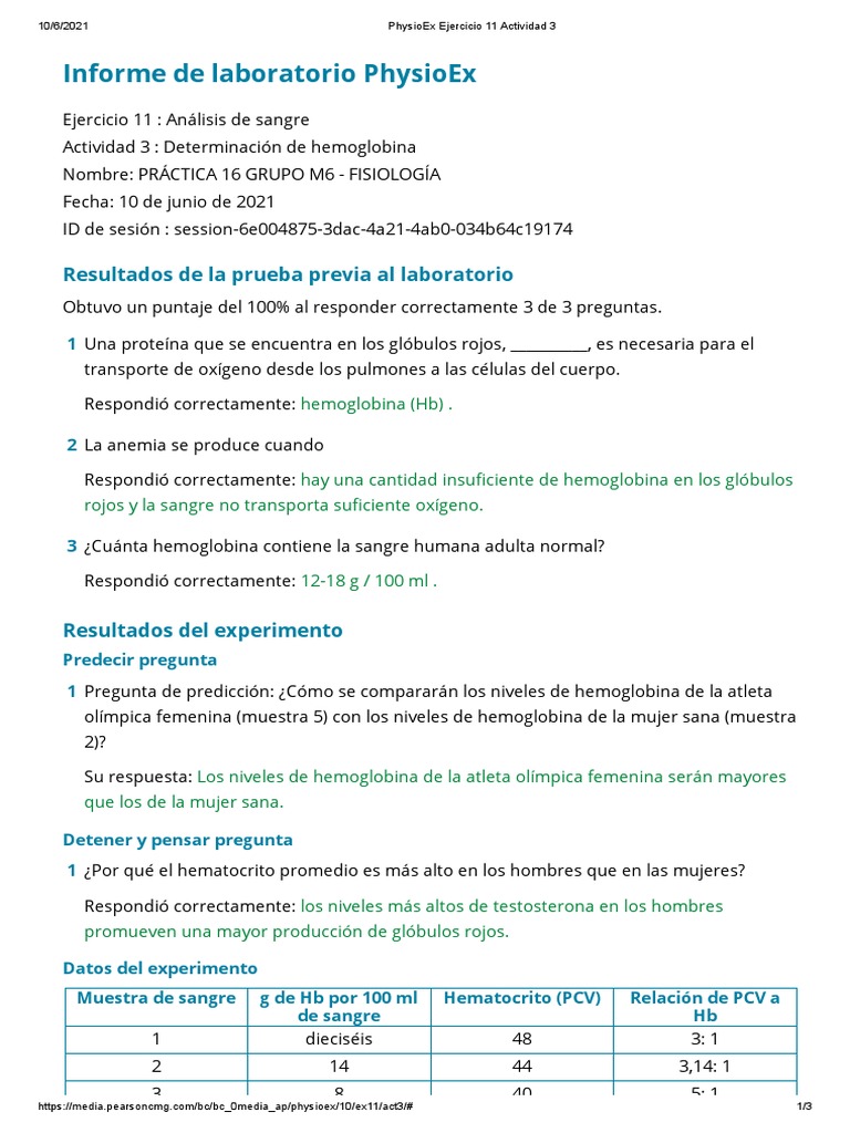 PhysioEx Ejercicio 11 Actividad 3 | PDF | Sangre | Hemoglobina