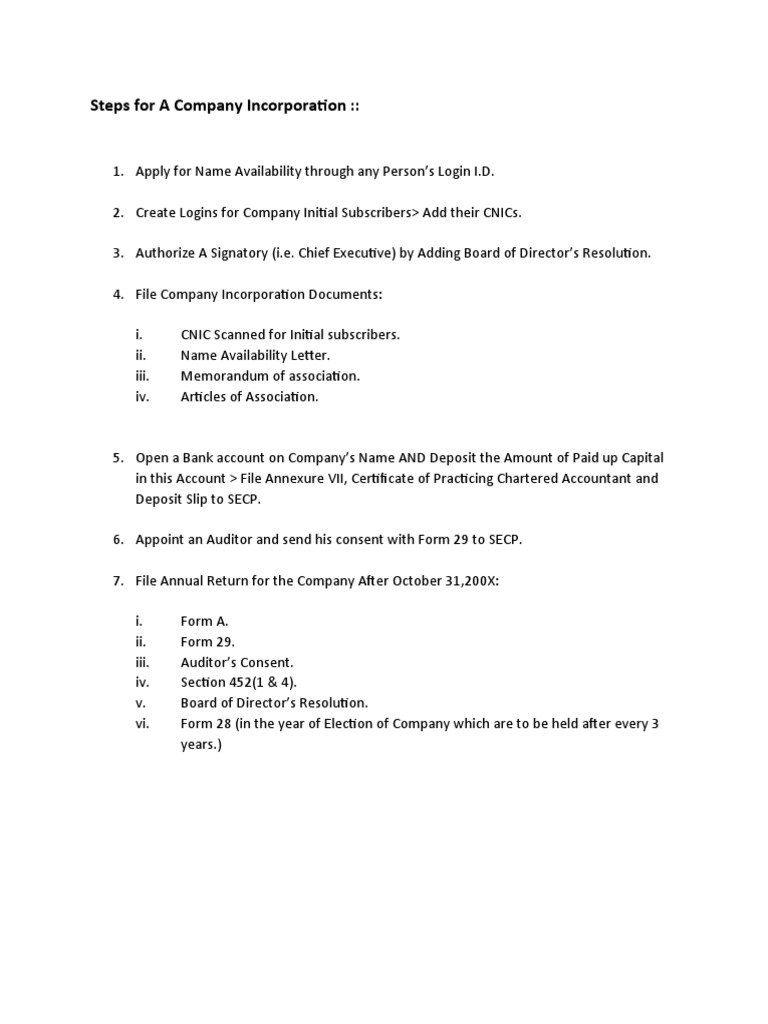 Steps For A Company Incorporation. | PDF