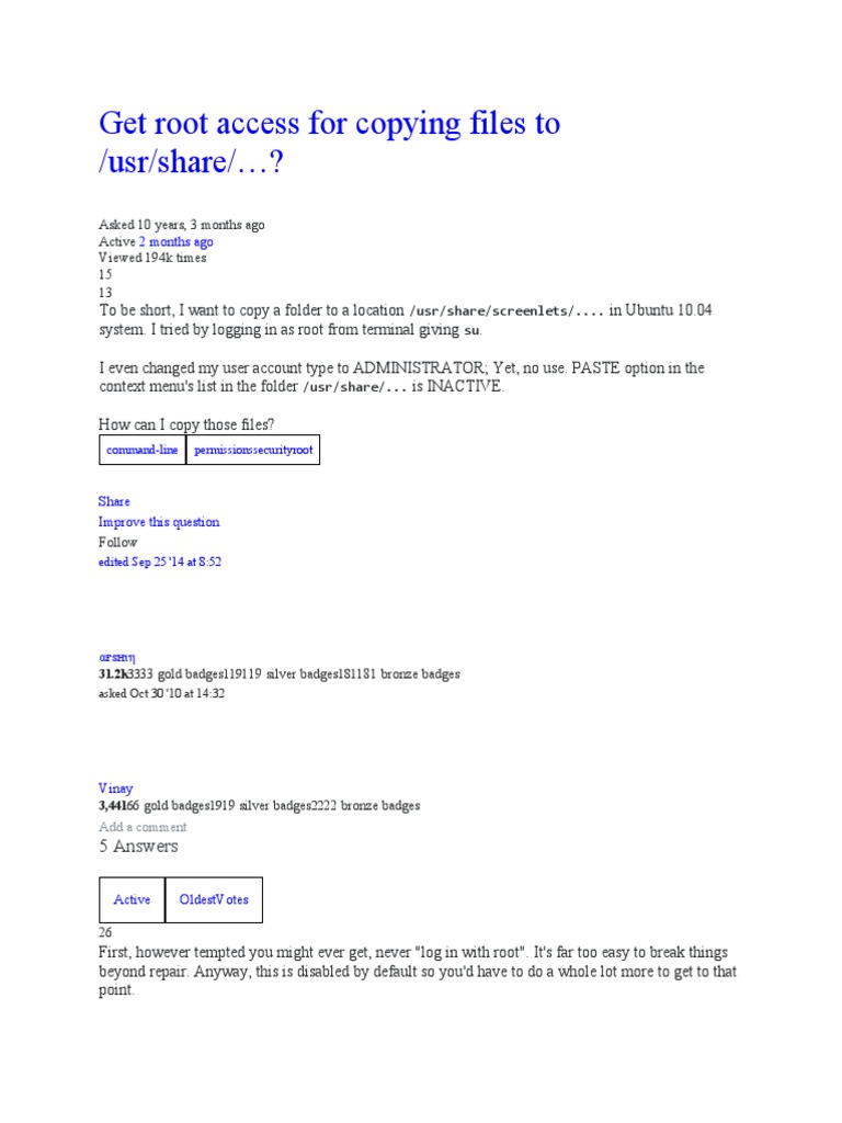 Get Root Access For Copying Files To /usr/share/ ?: Ask Question | PDF | Sudo | Computer File