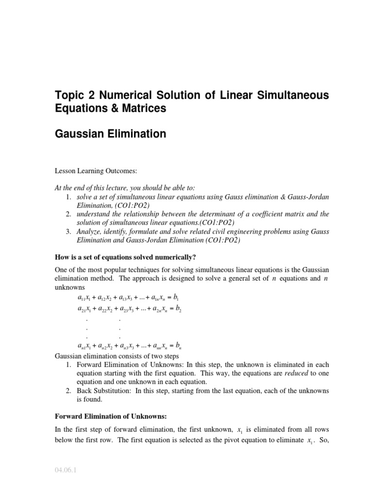 Topic 2 Numerical Solution of Linear Simultaneous Equations & Matrices ...