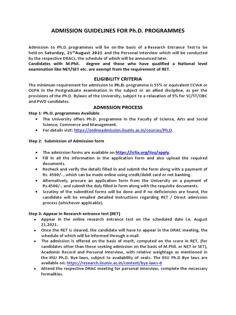 Admission Guidelines PH.D | PDF | University And College Admission ...