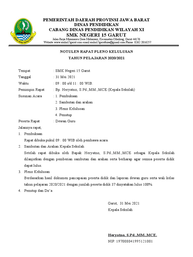 Notulen Rapat Pleno Kelulusan Tahun Pelajaran 2020-2021 | PDF