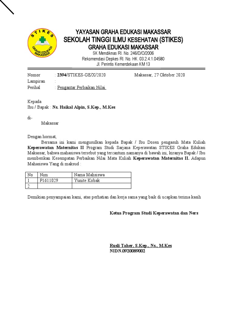 Surat Perbaikan Nilai Mahasiswa | PDF