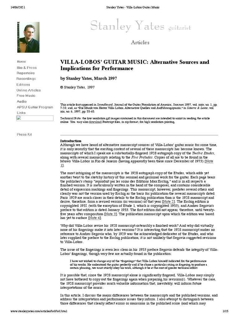 Stanley Yates - Villa-Lobos Guitar Music | PDF | Tempo | String Instruments