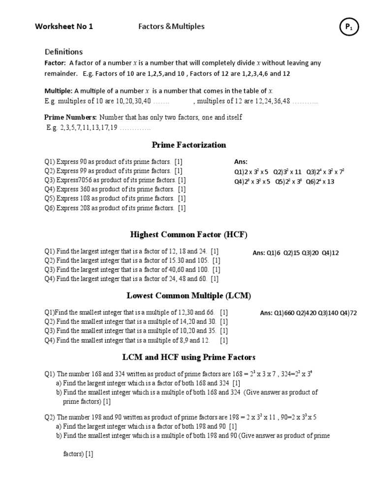 Factors and multiples worksheet: Prime factorization, HCF, LCM problems ...
