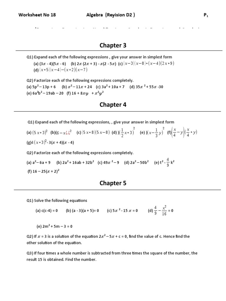 Algebra Revision Worksheet with Expansion, Factorization ...