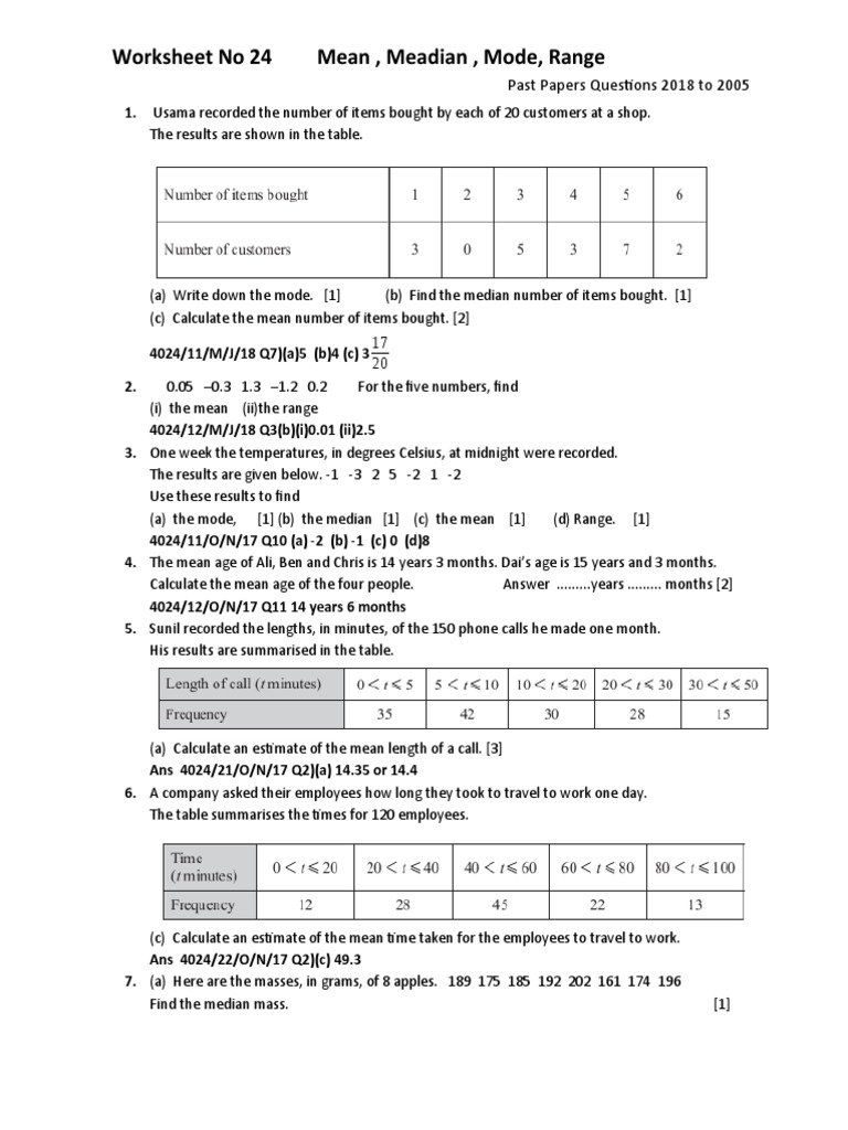 Worksheet No 24 Mean, Meadian, Mode, Range: Past Papers Questions 2018 ...