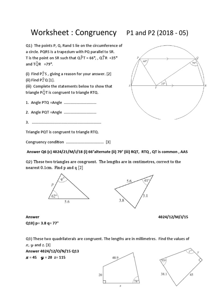 Worksheet: Congruency: P1 and P2 (2018 - 05) | PDF | Triangle | Area