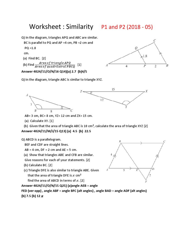 Worksheet: Similarity: P1 and P2 (2018 - 05) | PDF | Triangle | Area