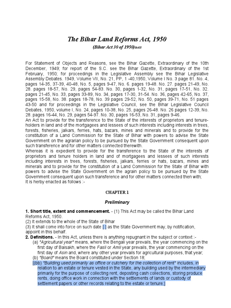 Bihar Land Reforms Act, 1950 Overview | PDF | Lease | Leasehold Estate