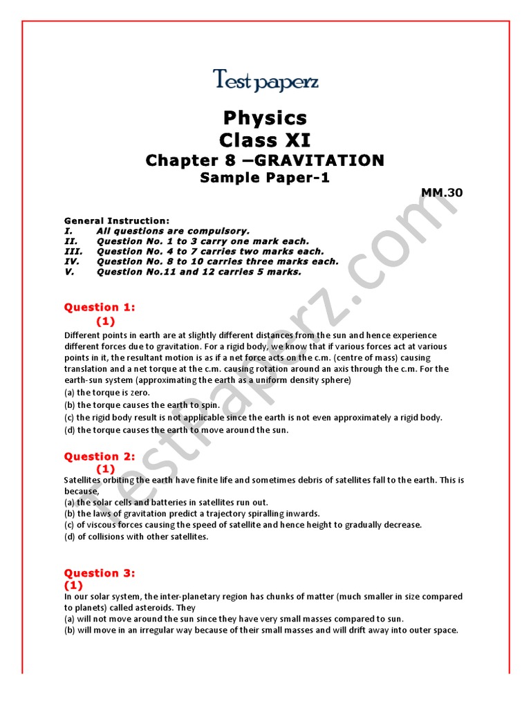 Gravitation Sample Paper 1 | PDF | Orbit | Gravity