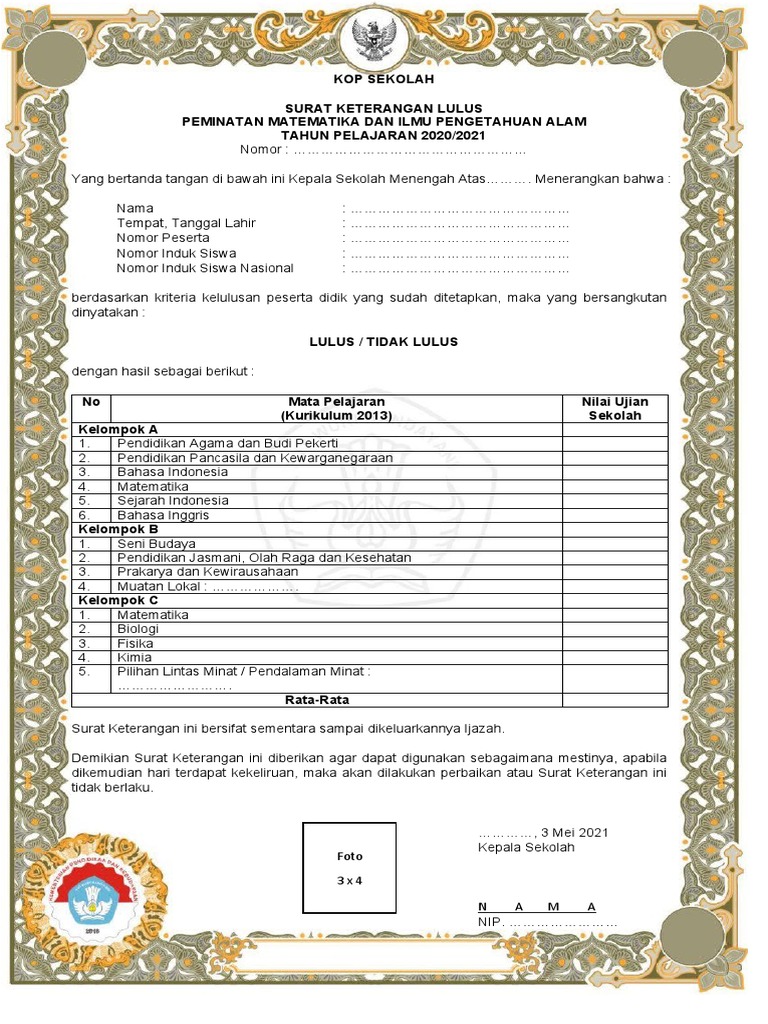 Surat Keterangan Lulus (SKL) SMA TP 2020 2021 | PDF