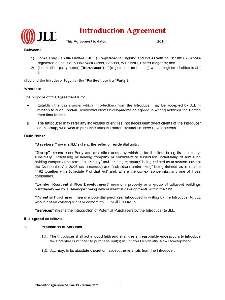 JLL Standard Introduction Agreement v.3.5 | PDF | Indemnity | Breach Of ...