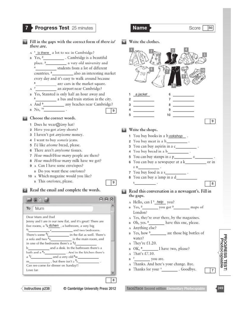 Face2face Second Edition Elementary Progress Test 7 | PDF