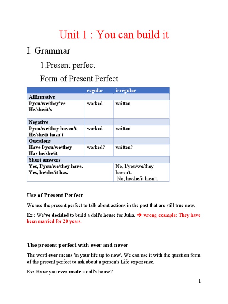 Unit 1: You Can Build It: I. Grammar | PDF | Backpack | Question