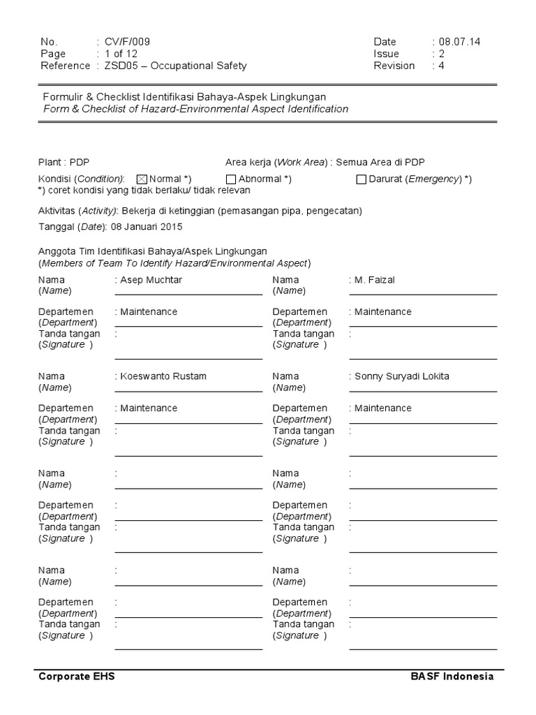 CV-F009 - HIRA Checklist - Bekerja Di Ketinggian (Pemasangan Pipa ...