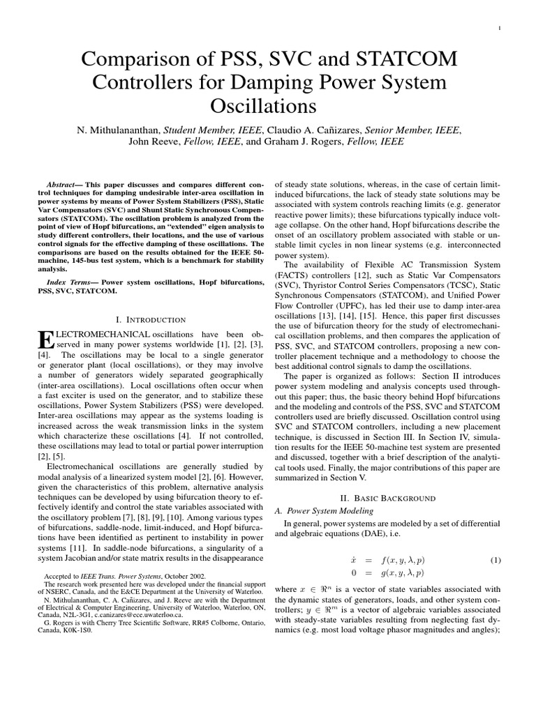 Comparison Of Pss Svc And Statcom Controllers For Damping Power System Oscillations Pdf