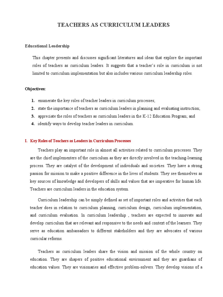 Teachers as Curriculum Leaders Roles | PDF | Curriculum | Educational ...