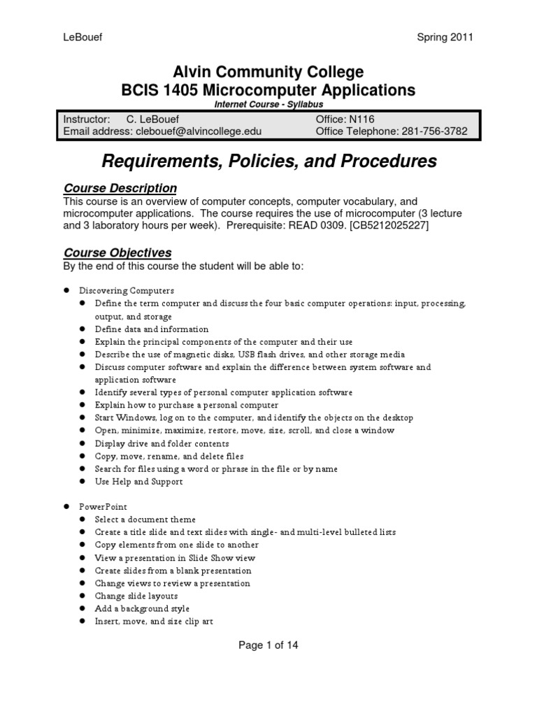 Requirements, Policies, and Procedures: Alvin Community College BCIS 1405 Microcomputer ...