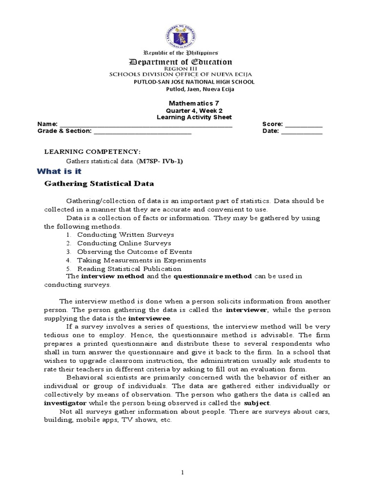 Math 7 - Q4, WK2 Las | Download Free PDF | Survey Methodology ...