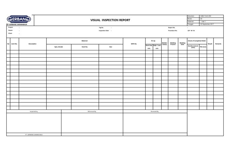 Visual Inspection Report for Welding Joints on an Undisclosed ...