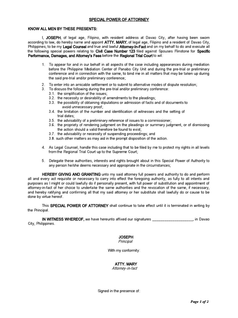 SPA Representation For Pre-Trial-XXX-Format-Sample | PDF | Power Of ...