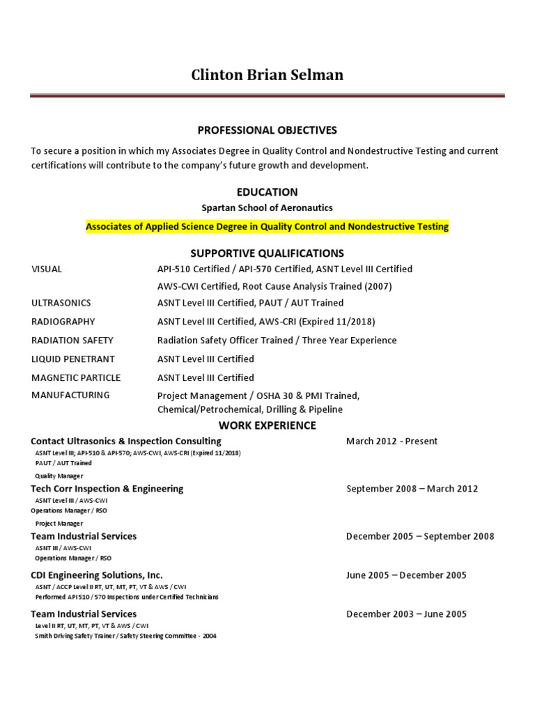 Clinton Brian Selman NDT Quality Manager Resume | PDF | Nondestructive ...