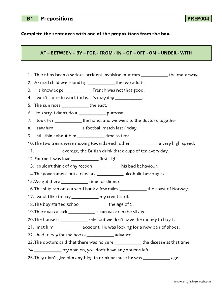 B1 Prepositions PREP004: Complete The Sentences With One of The ...