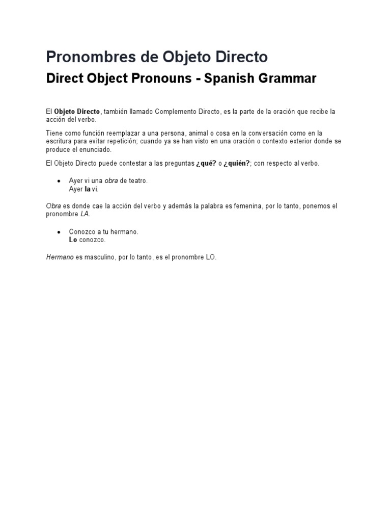 Pronombres de Objeto Directo en Español | PDF | Objeto (gramática) | Verbo