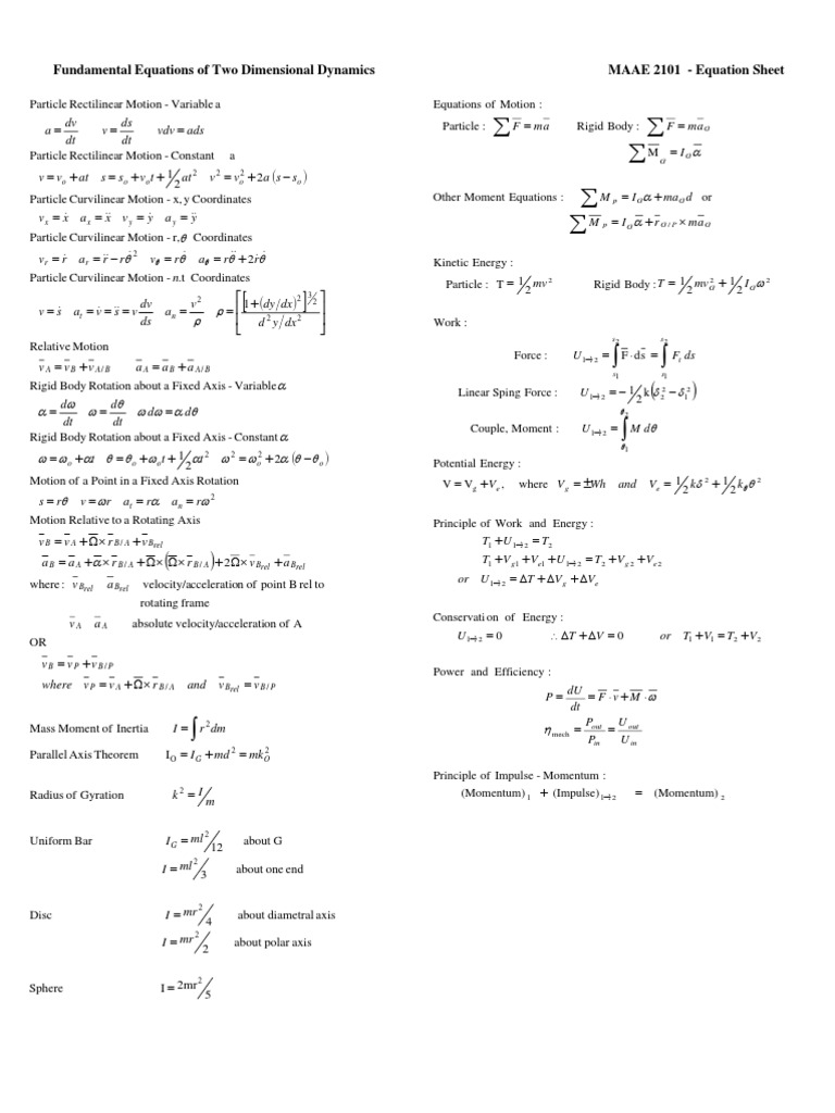 Fundamental Equations of Two Dimensional Dynamics MAAE 2101 - Equation Sheet | PDF | Rotation ...